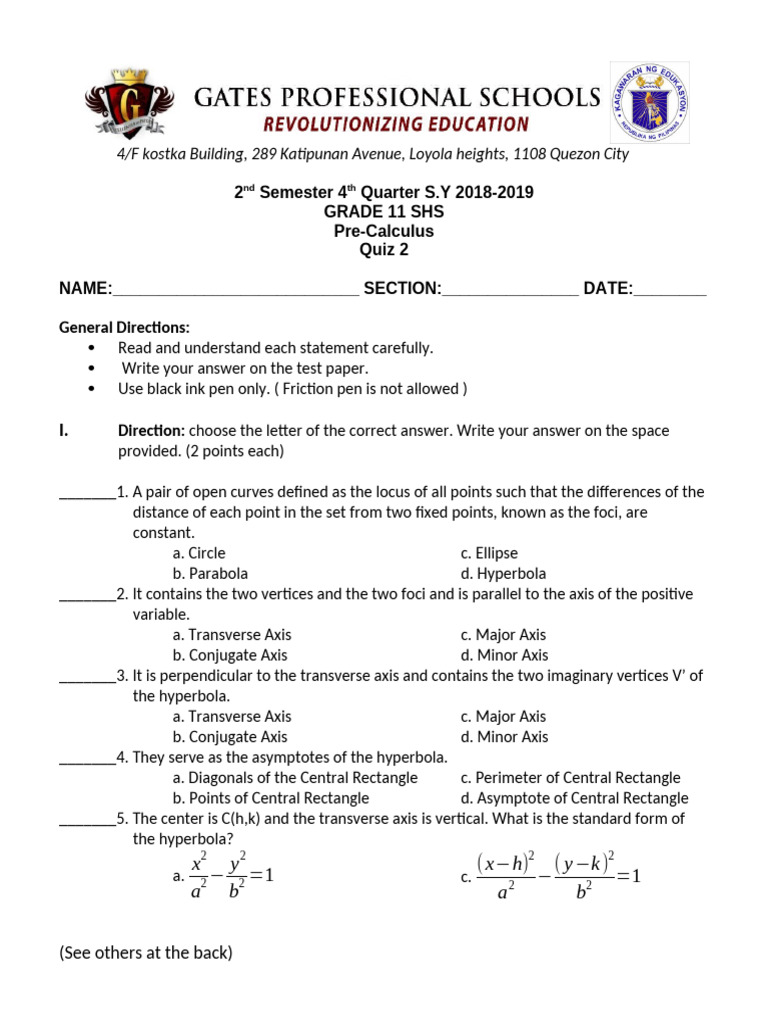Grade 11 Pre-Calculus Hyperbola Quiz | PDF | Euclidean Plane Geometry ...