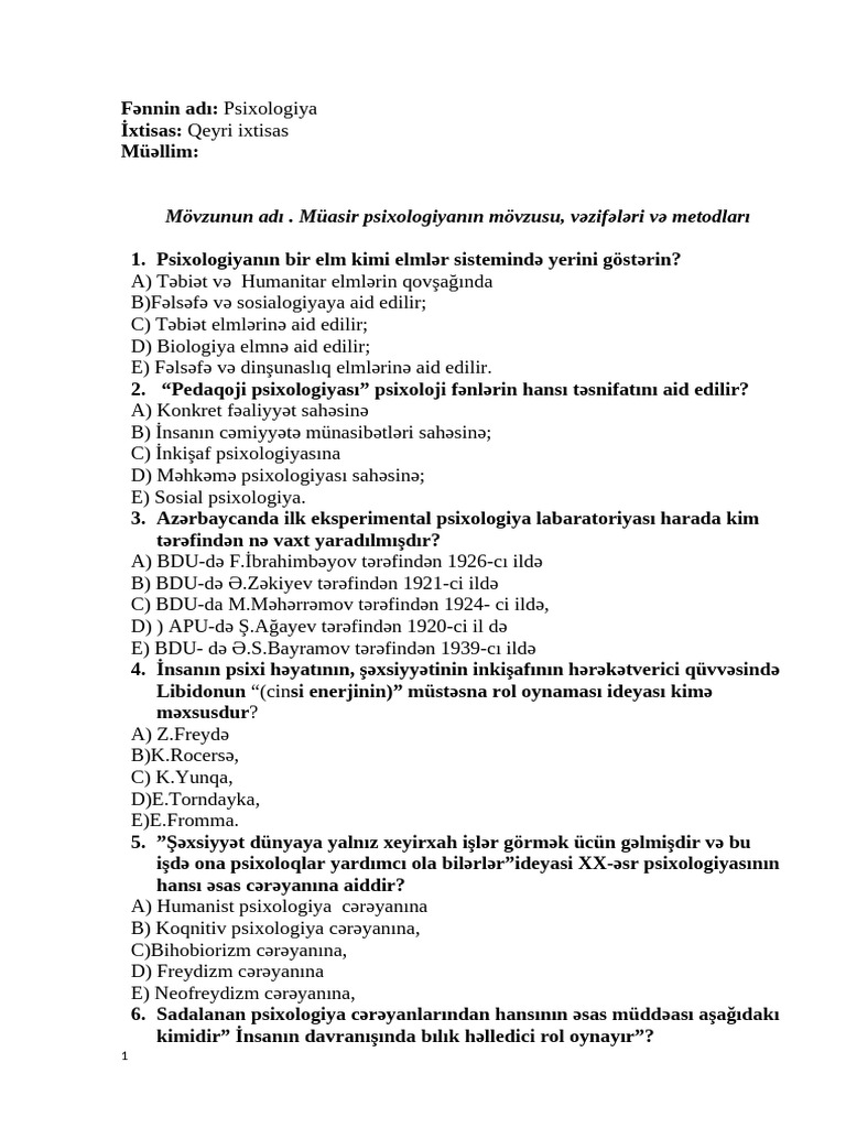 Psixologiya Qeyri ixtisas | PDF