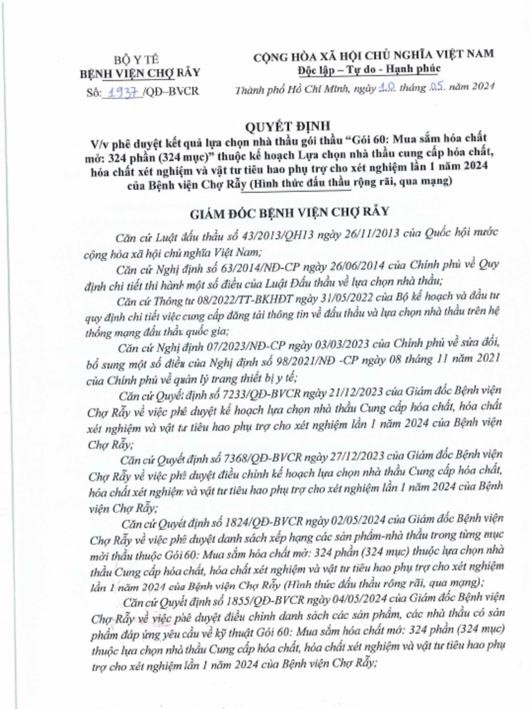 QĐ 1937 BVCR Ngày 10052024 Phê Duyệt Kết Quả GÓi 60 324 Phần - Part 1 | PDF
