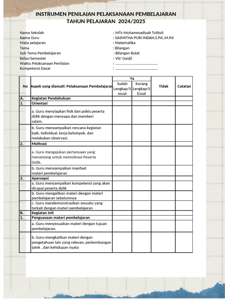 Instrumen Penilaian Pelaksanaan Pembelajaran 2024 | PDF