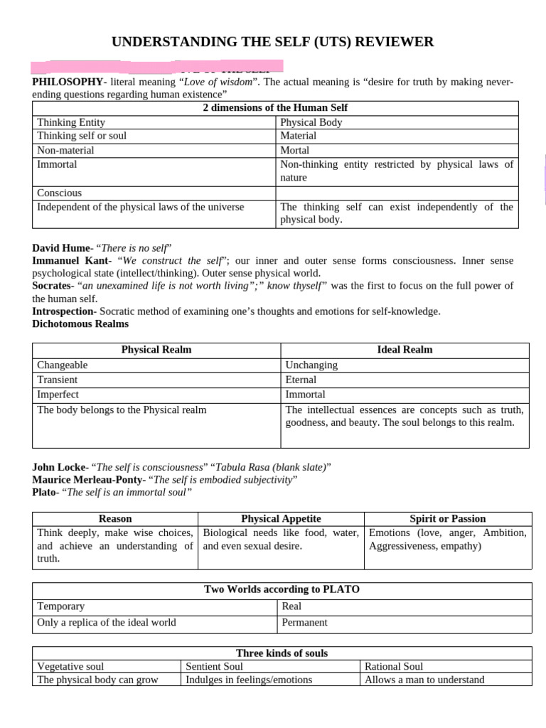 Understanding The Self REVIEWER | PDF | Philosophy Of Self | Soul