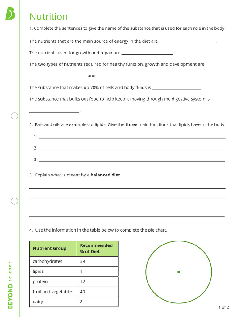 Nutrition Worksheet | PDF | Human Nutrition | Carbohydrates
