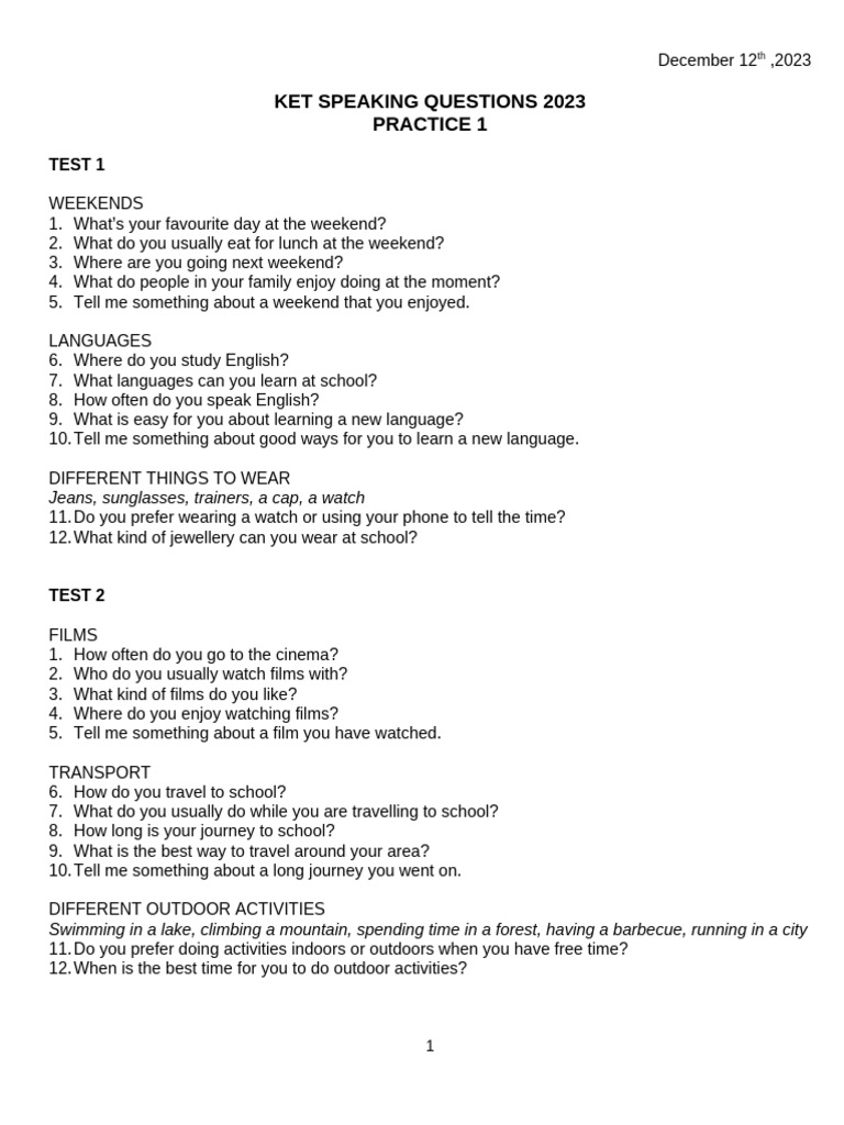 Ket Speaking Questions 2023 Practice 1 Cambridge | PDF