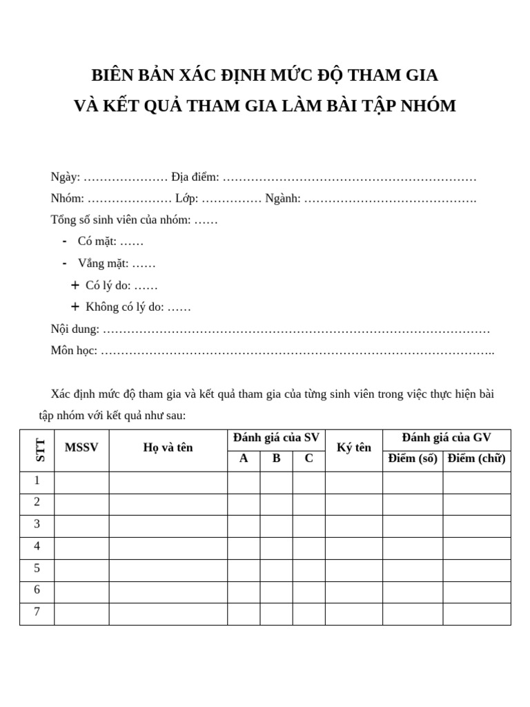 Biên Bản Xác Định Mức Độ Tham Gia Và Kết Quả Tham Gia BTN 1 | PDF