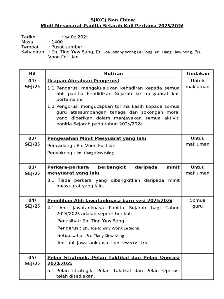 Minit Mesyuarat SEJ K1 2025 | PDF