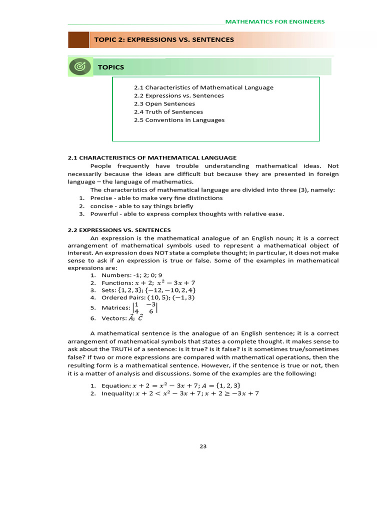 Lesson 2 Topic 2 - Expressions vs. Sentences | PDF | Equations ...