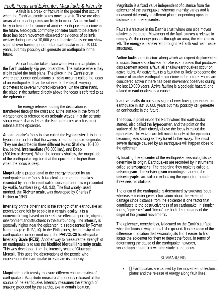 Fault, Focus and Epicenter, Magnitude & Intensity - M2 | PDF ...