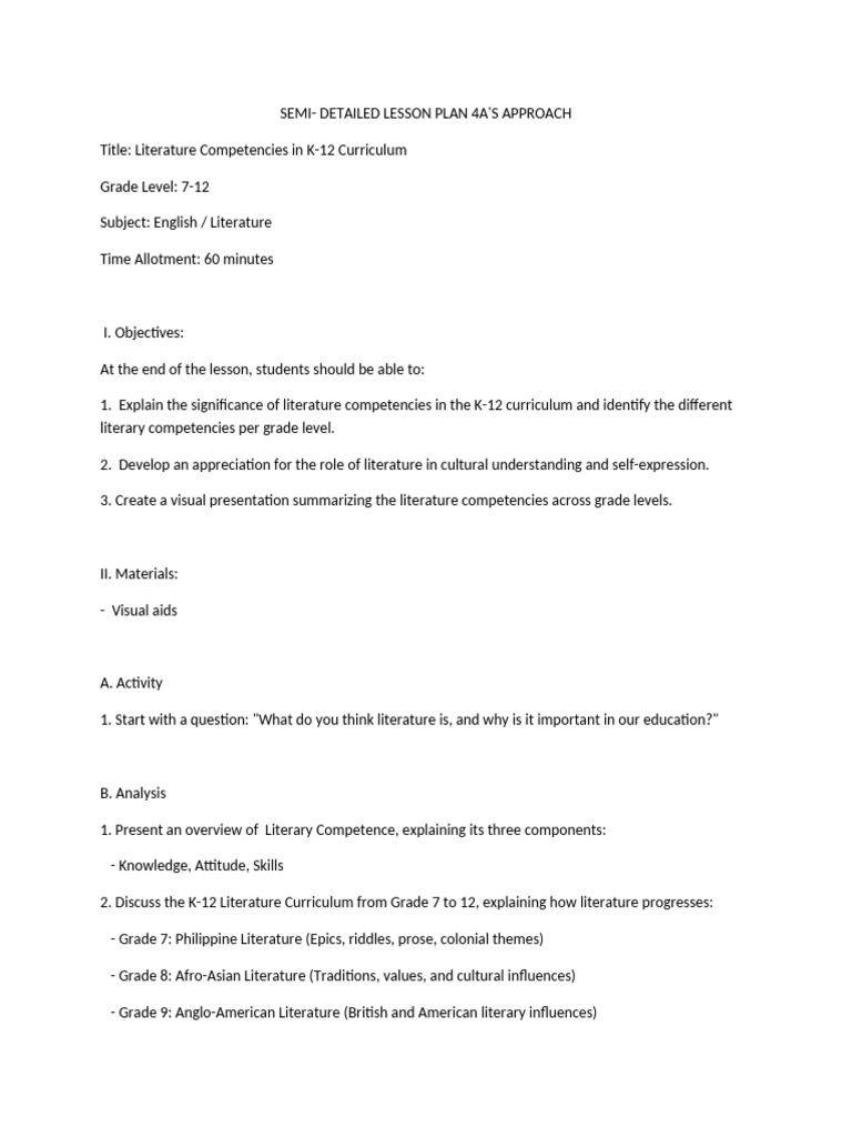 K-12 Literature Competencies Lesson Plan | PDF