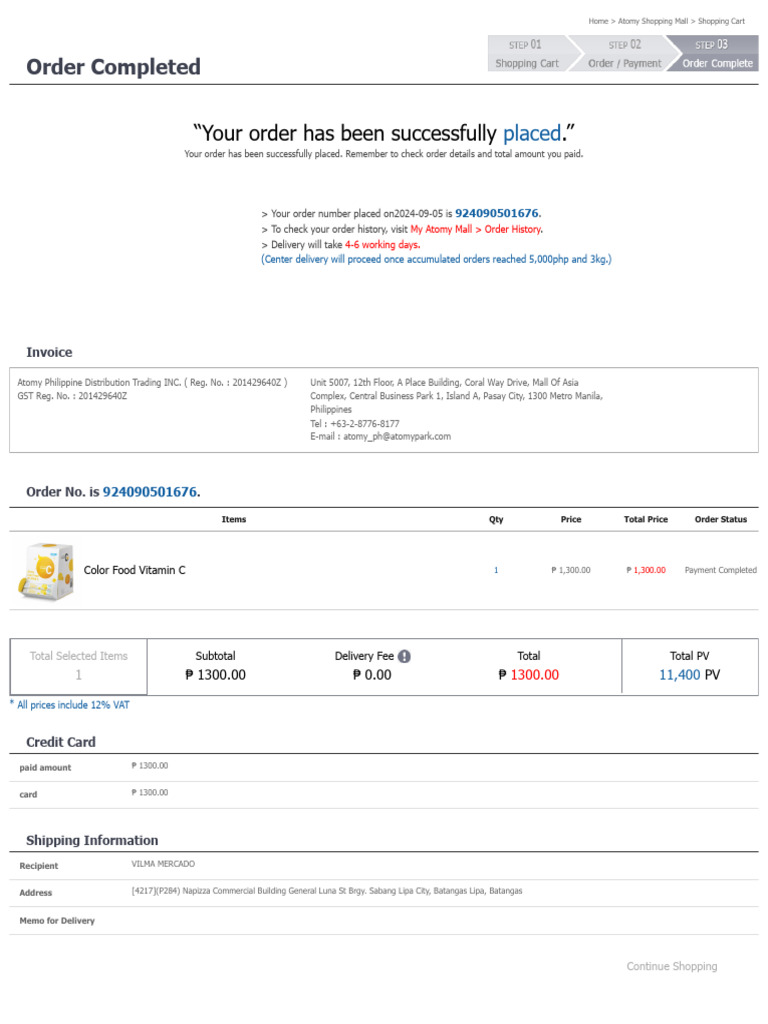 Order Complete - Atomy Philippines | PDF | Money | Services (Economics)