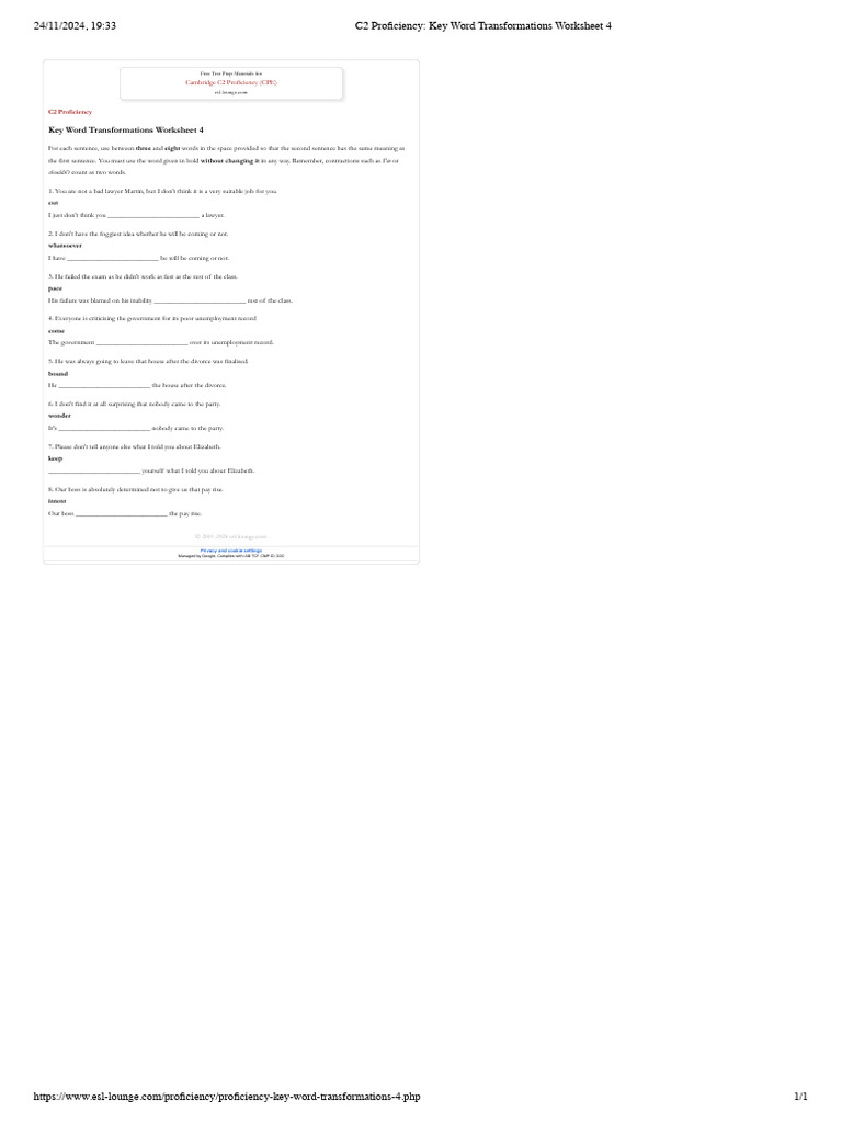 C2 Proficiency - Key Word Transformations Worksheet 4 | PDF