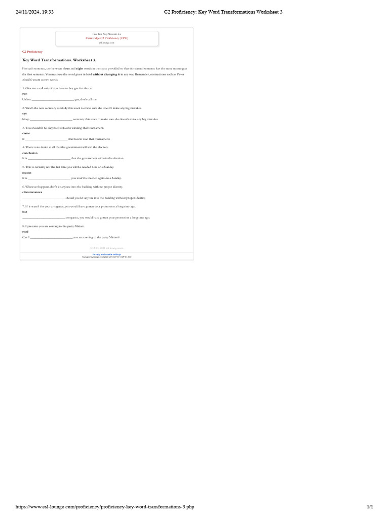 C2 Proficiency - Key Word Transformations Worksheet 3 | PDF | Language ...