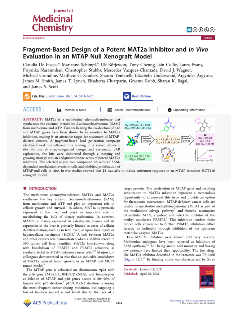 De Fusco Et Al 2021 Fragment Based Design of A Potent Mat2a Inhibitor and in Vivo Evaluation in ...