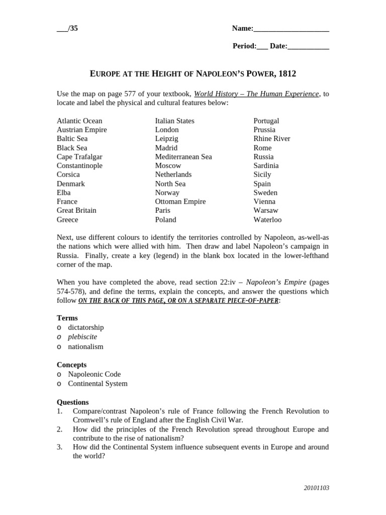 Europe at The Height of Napoleon's Power Review Terms | PDF