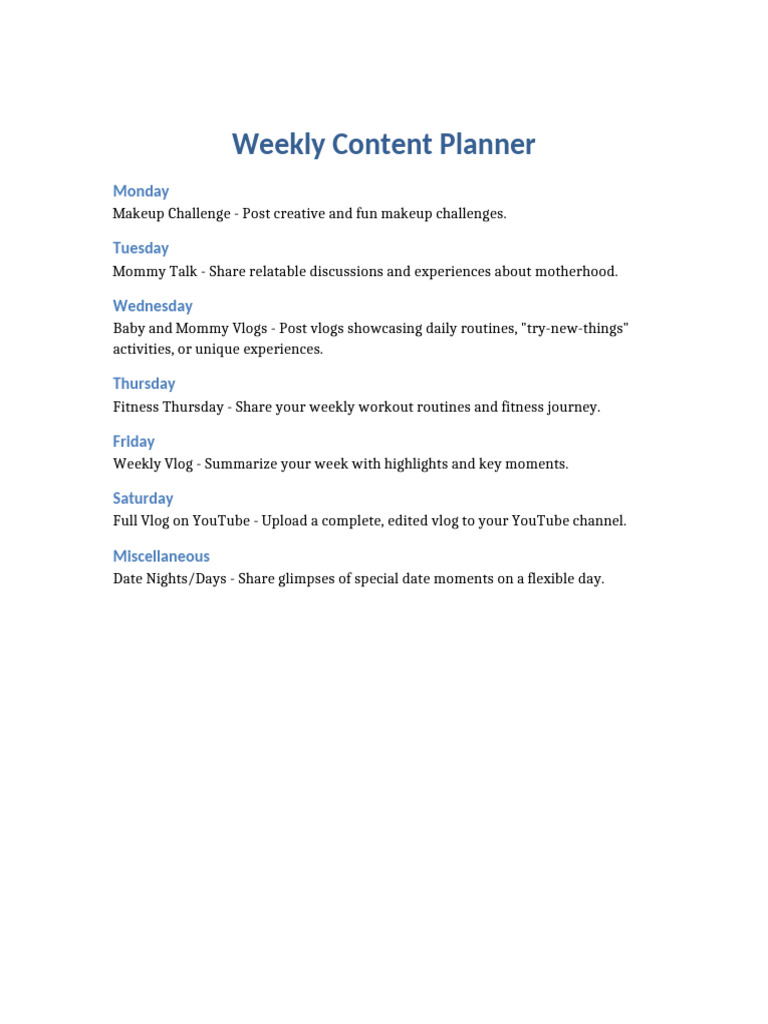 Weekly Content Planner Template | PDF