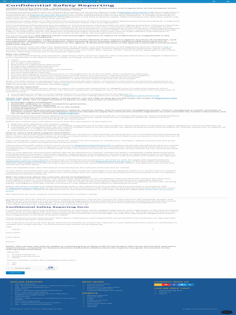 Confidential Safety Reporting - EASA | PDF | Safety | European Union