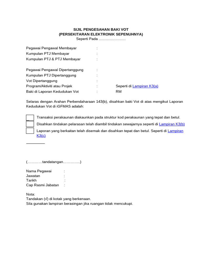 Lampiran K3 - SIJIL PENGESAHAN BAKI VOT (PERSEKITARAN ELEKTRONIK SEPENUHNYA) | PDF