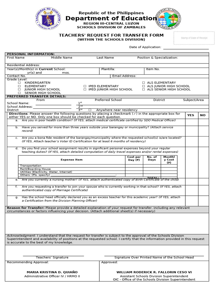 Teachers' Transfer Request Form | PDF | Schools | Middle Schools