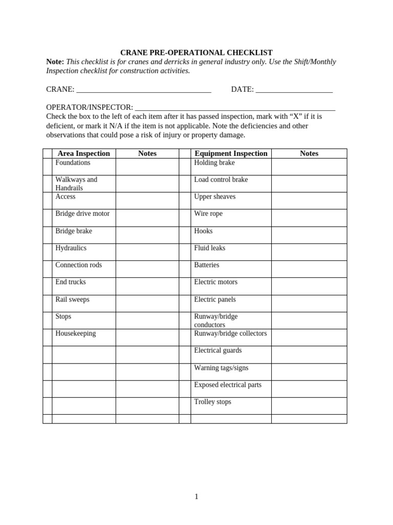 Crane Pre-Operational Safety Checklist | PDF | Crane (Machine ...