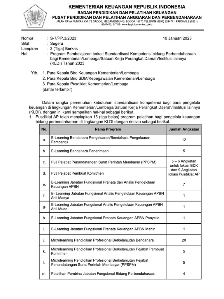 S-7 - PP.3 - 2023 Tentang Surat Program Pembelajaran Perbendaharaan KL | PDF