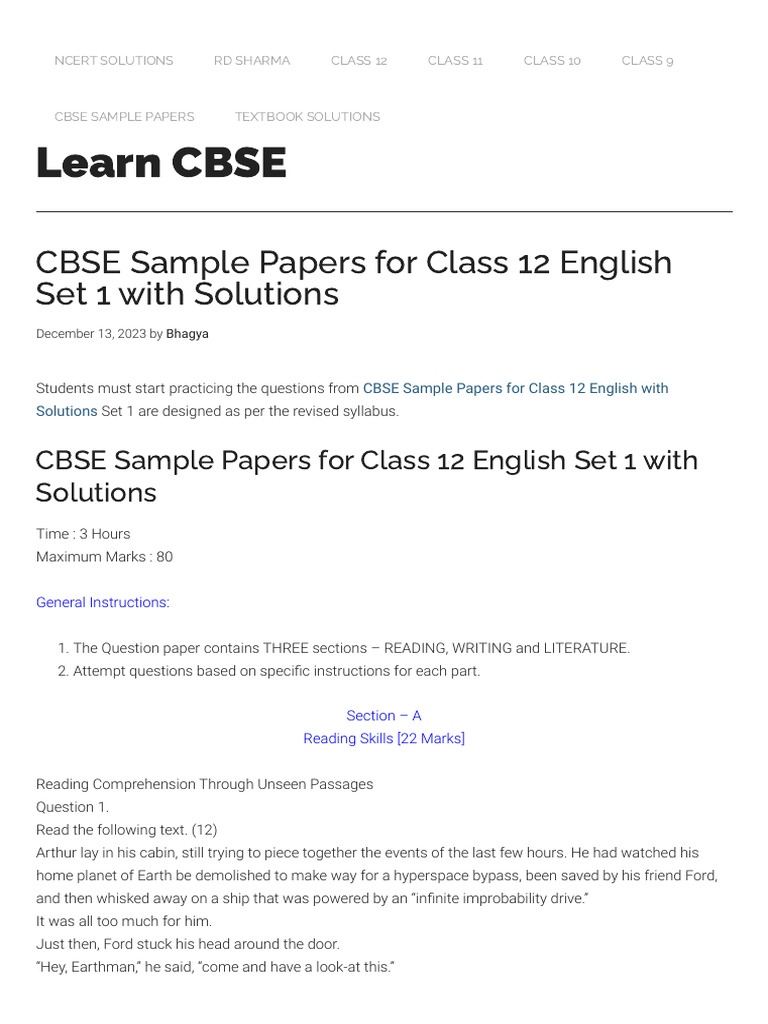 CBSE Class 12 English Sample Paper 1 | PDF | Climate Change | Paranoia