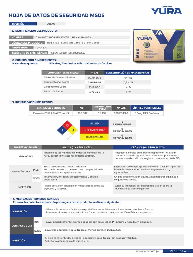 Msds Cemento Yura Max | PDF | Cemento | Quemar