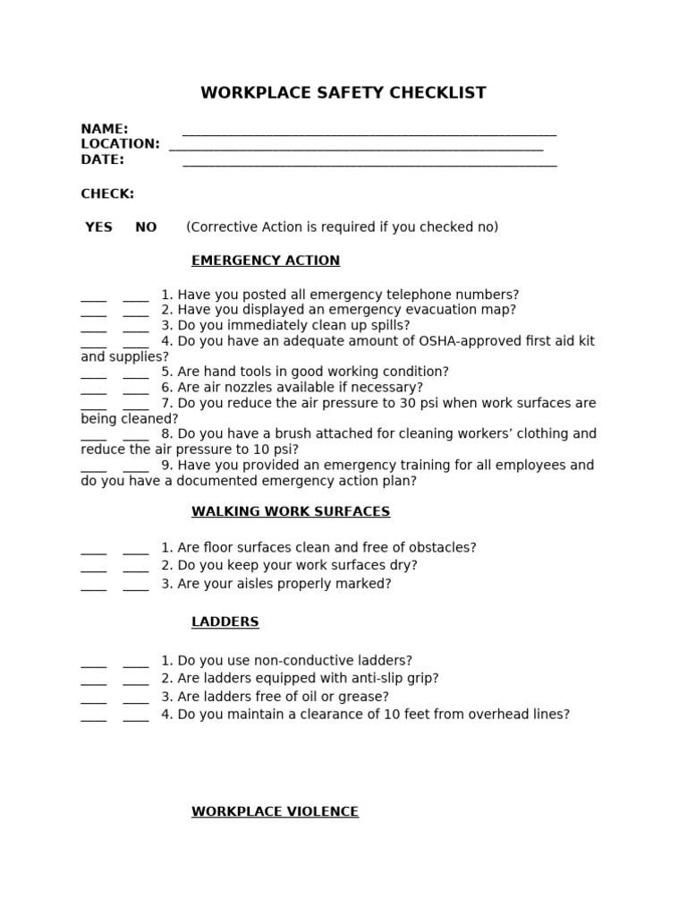Workplace Safety Checklist | PDF | Personal Protective Equipment | Safety