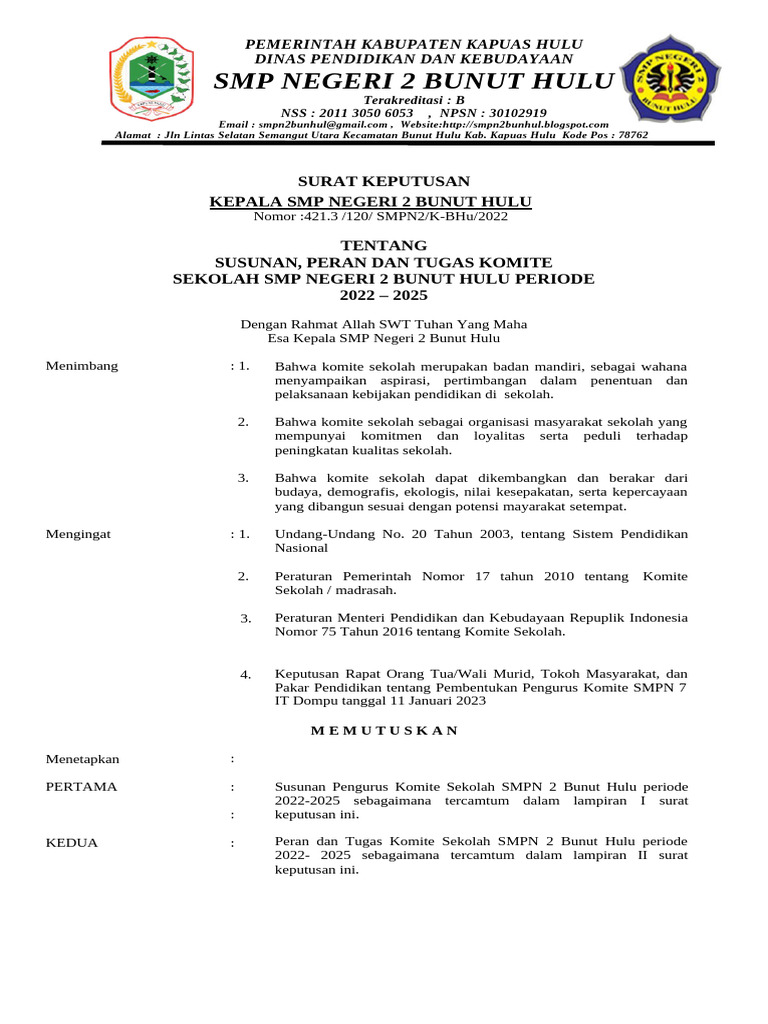 Contoh SK KOMITE SEKOLAH | PDF