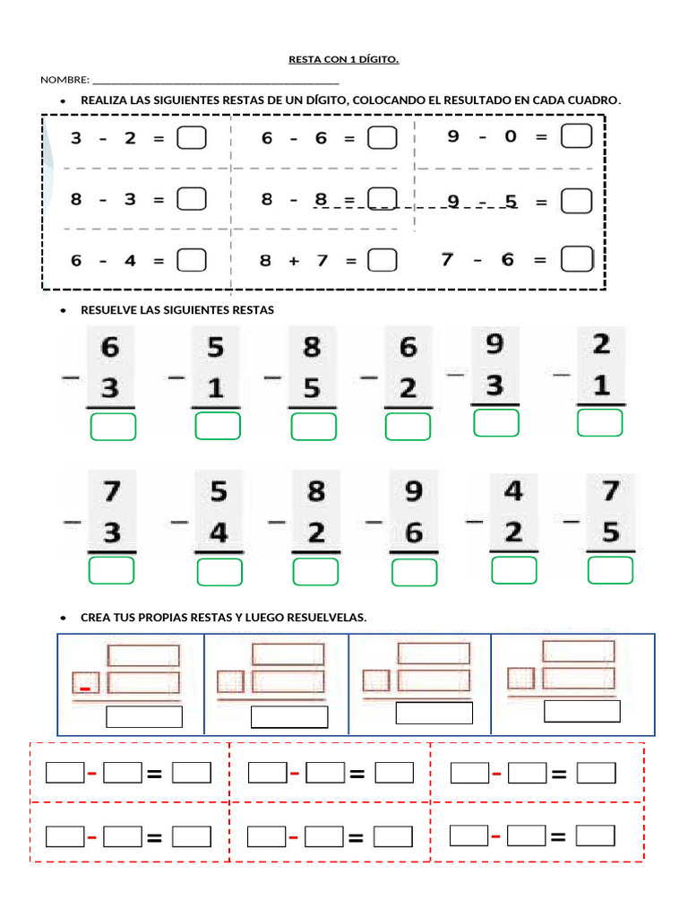 Restas de un Dígito para Practicar | PDF