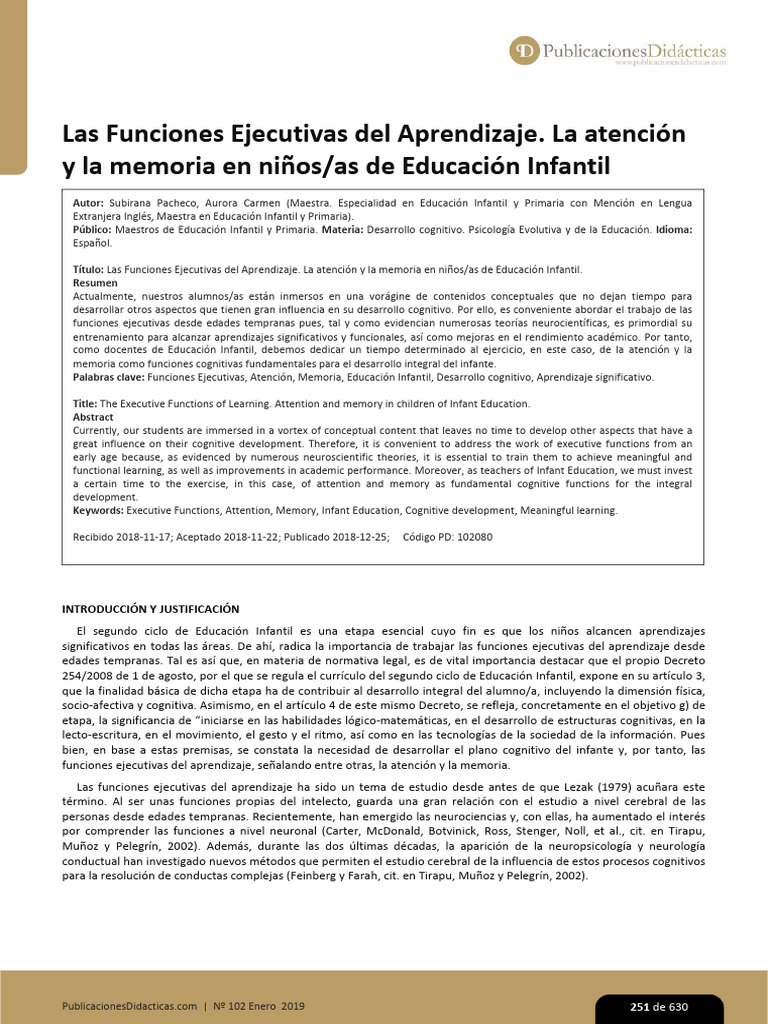 Funciones Ejecutivas en Educación Infantil | PDF | Atención | Memoria