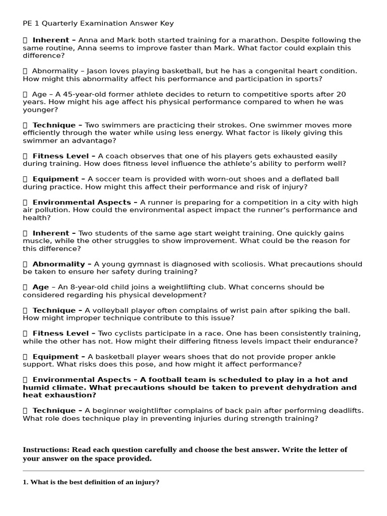 PE 1 Exam Answer Key Insights | PDF | Injury | Diseases And Disorders