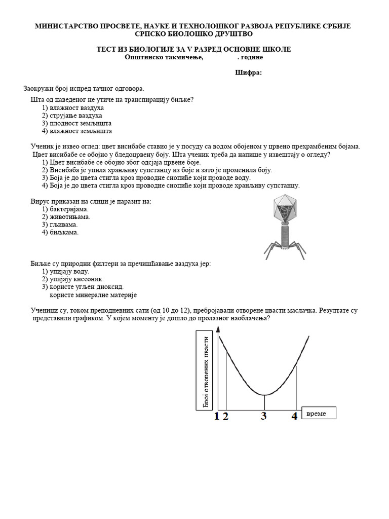Biologija 5 8 Razred Opstinsko Os 2018 Sa Resenjem Srpski | PDF