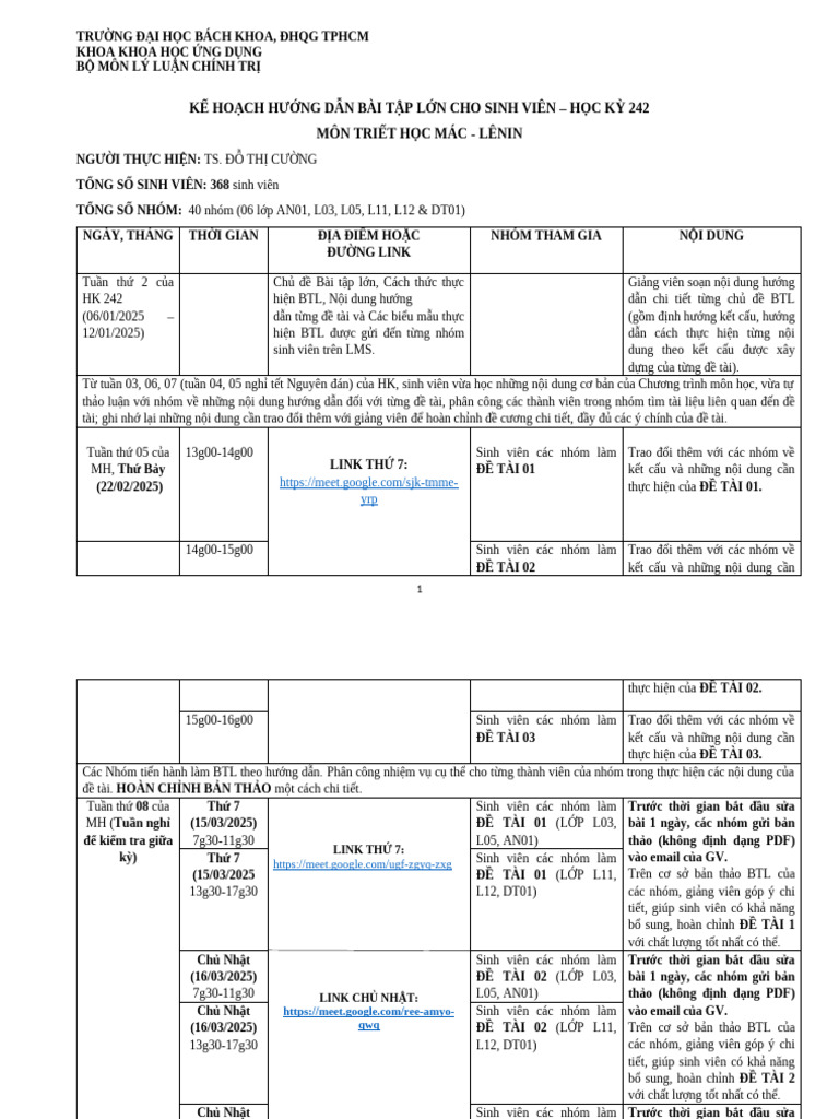 HK 242- KẾ HOẠCH HƯỚNG DẪN BTL - TRIẾT HỌC ML - ĐÔ THỊ CƯỜNG | PDF