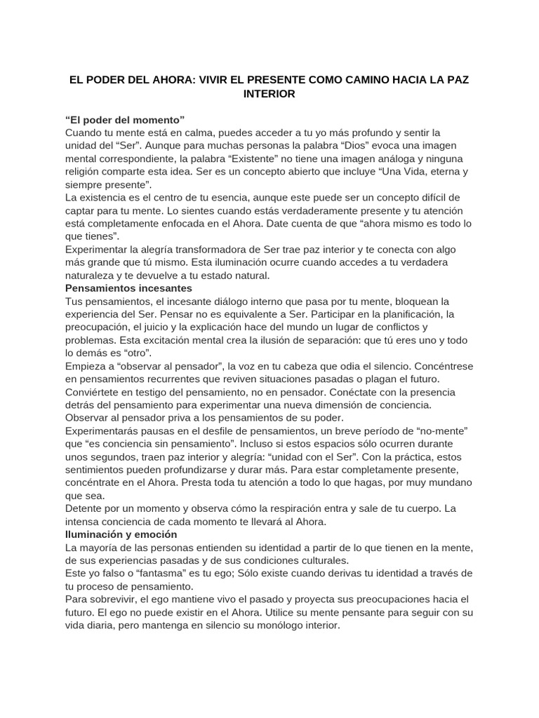 El Poder del Ahora: Paz Interior | PDF | Pensamiento | Las emociones