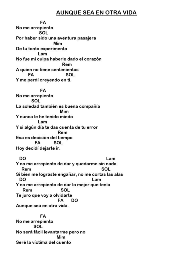 Aunque sea en otra vida: Letra y acordes | PDF