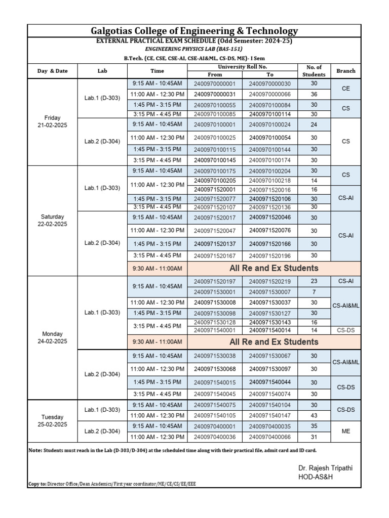 BAS151 - External Practical Exam Date Sheet - Odd-Sem - 2024-25 | PDF