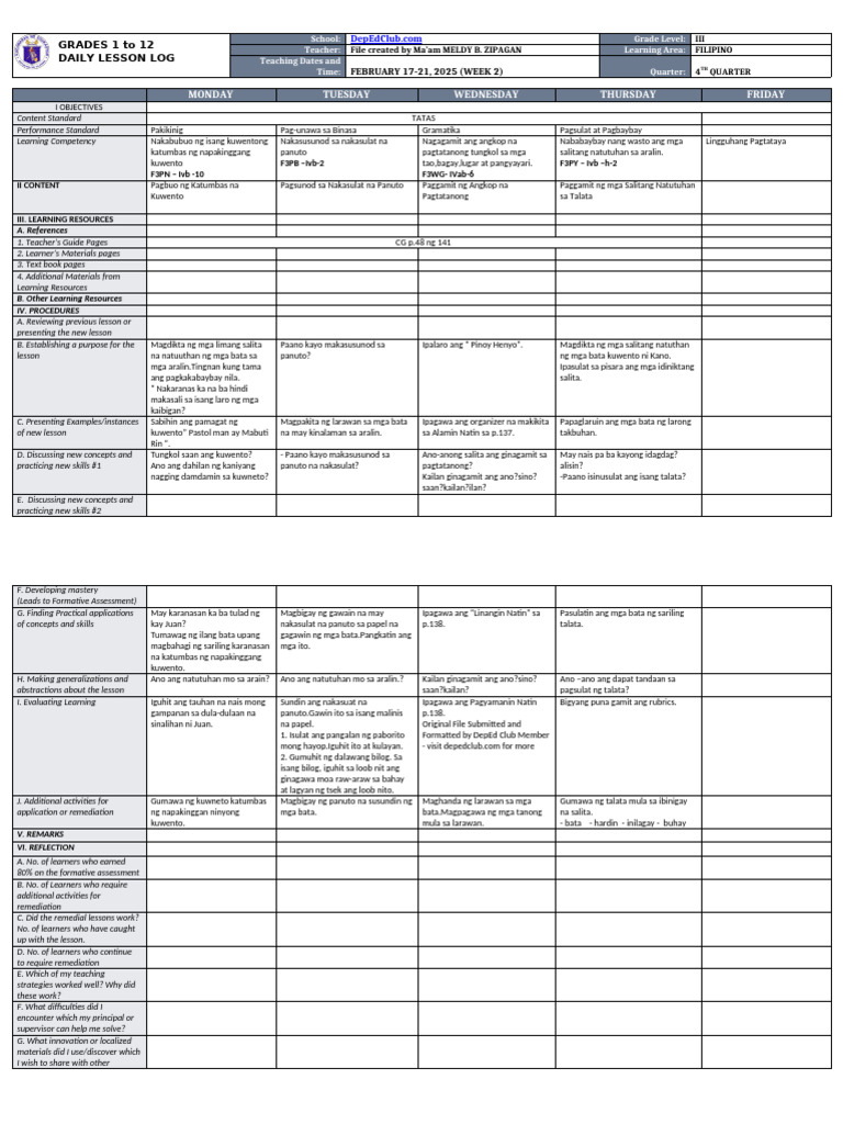 DLL_FILIPINO 3_Q4_W2 | PDF