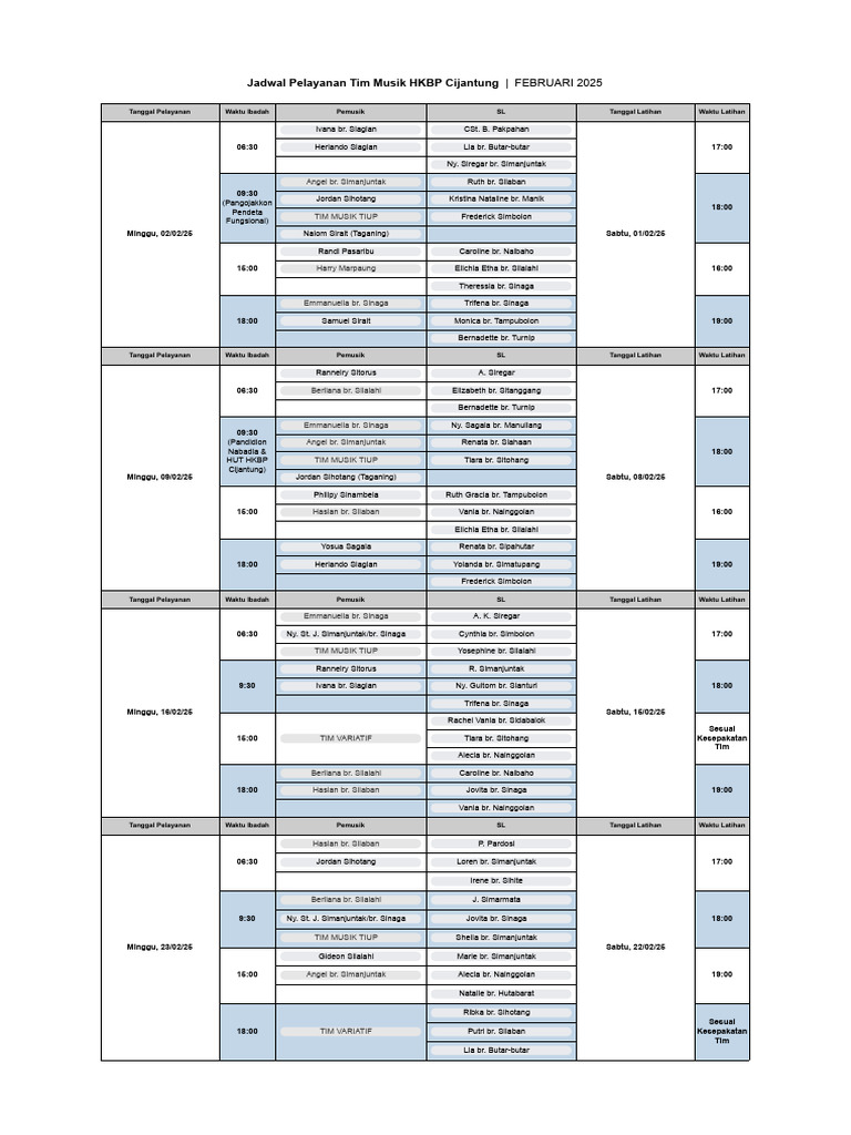 Jadwal Pelayanan Musik FEBRUARI 2025 | PDF