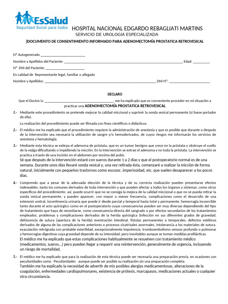 Documento de Consentimiento Informado para Adenomectomía o ...