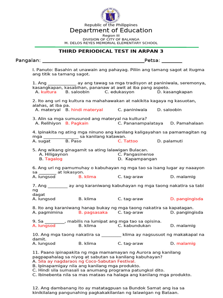 Department of Education: Third Periodical Test in Arpan 3 | PDF