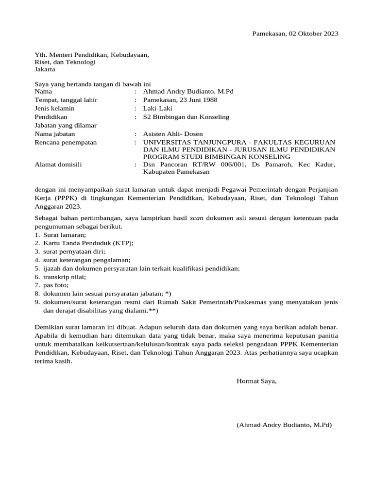 01 Format Surat Lamaran Seleksi PPPK Kemdikbudristek 2023 | PDF