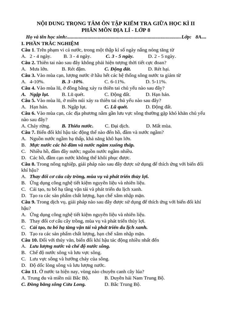 Địa Lí 8_đề Cương Ôn Tập Gk2_da | PDF