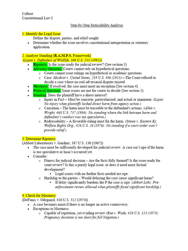 Step-by-Step Justiciability Analysis | PDF | Mootness | Standing (Law)