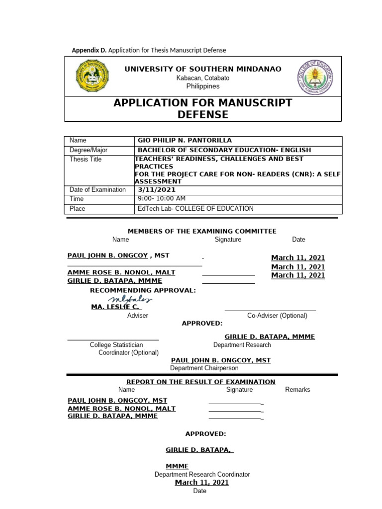 PANTORILLA - Application For Manuscript Defense | PDF