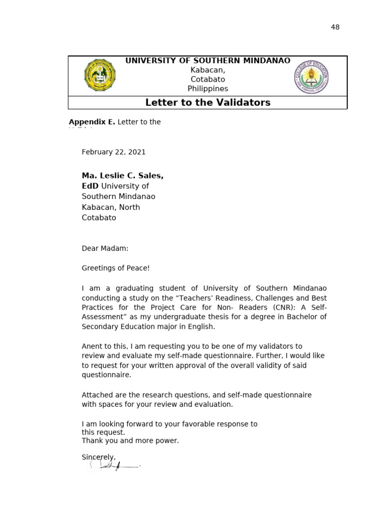 LETTER TO THE VALIDATORS | PDF | Educational Assessment And Evaluation ...