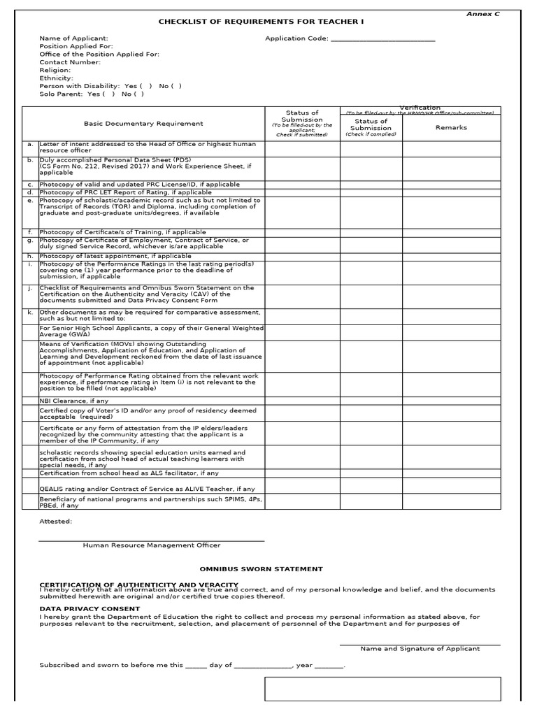Annex C Checklist of Requirements and Omnibus Sworn Statement For Teacher Applicants | PDF