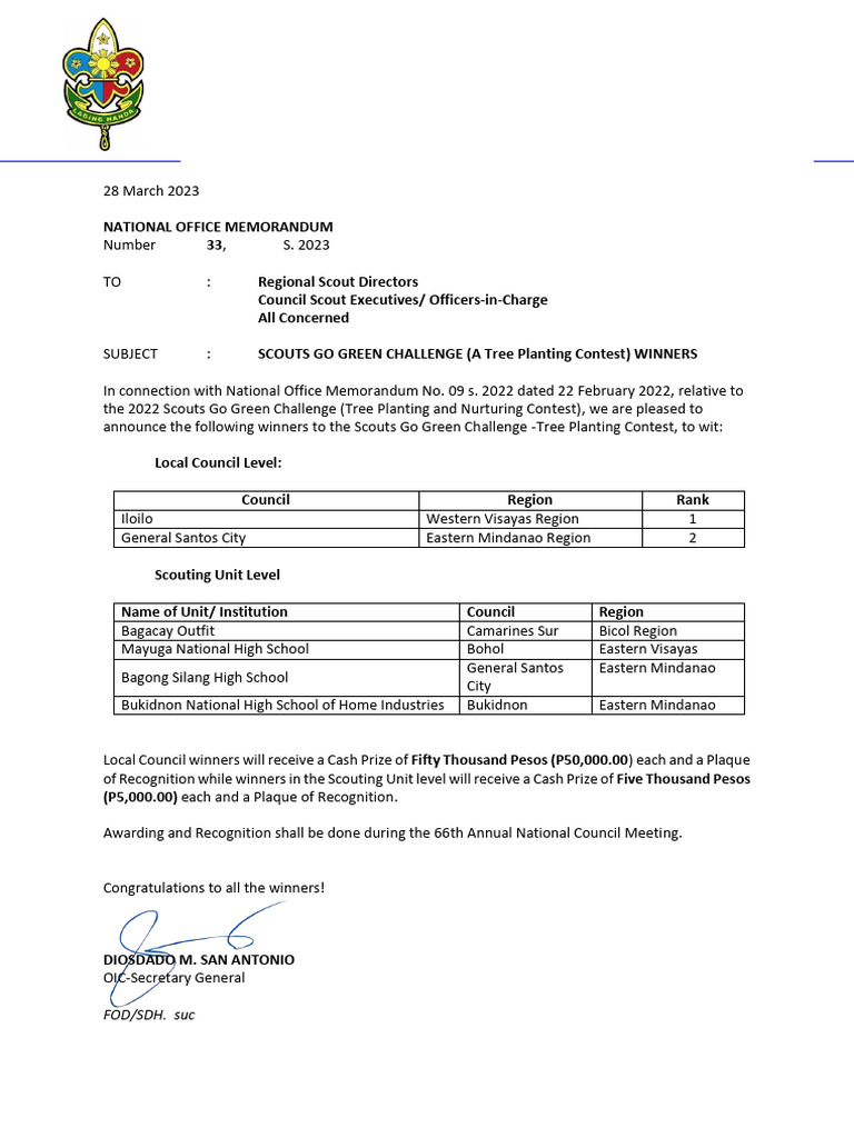 BSP NO Memorandum No.33 S. 2023 Scout Go Green Challenge A Tree ...