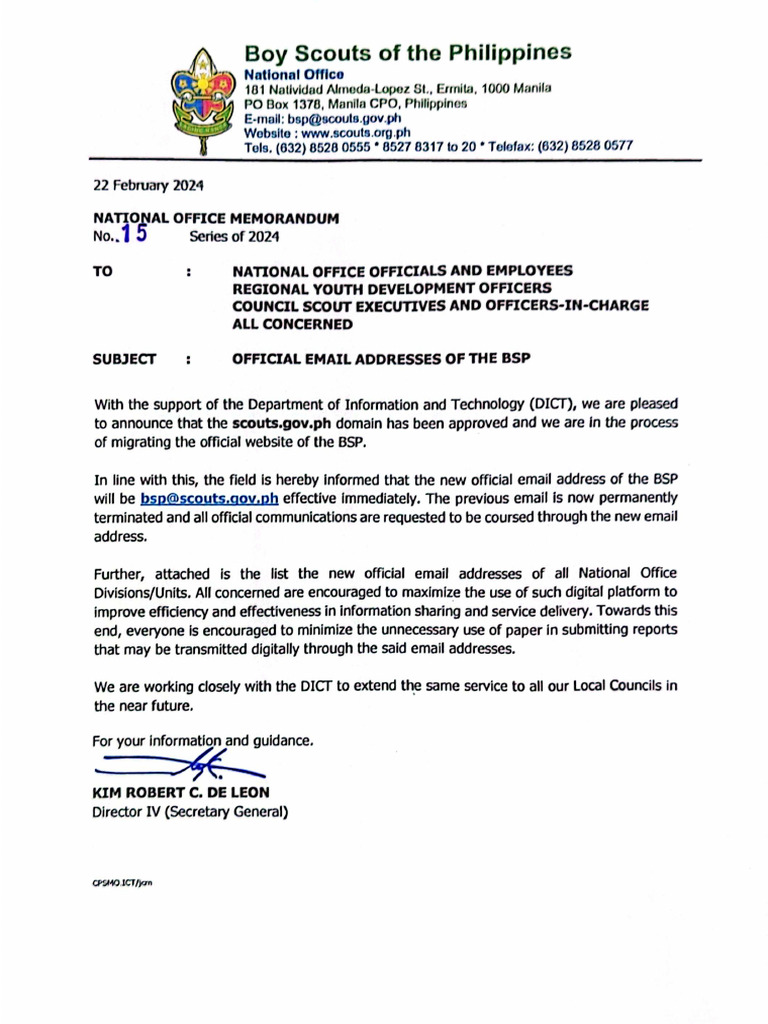 BSP NO Memorandum No. 15 s.2024 Official Email Addresses of the BSP | PDF