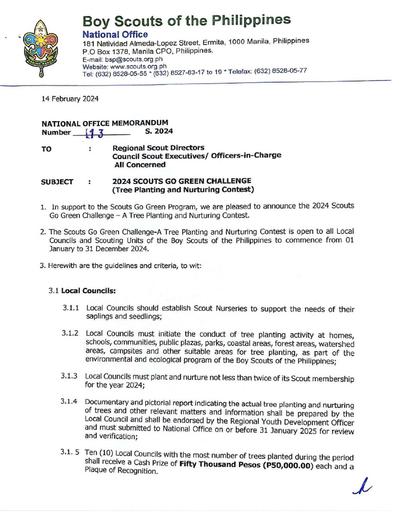 BSP NO Memorandum No. 13 s.2024 2024 SCOUTS GO GREEN CHALLENGE Tree ...