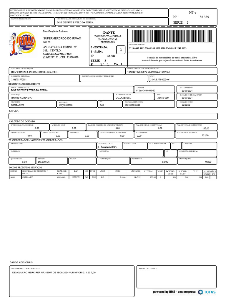 31240938616553000146550030000363891522983633-nfe | PDF | Recibo