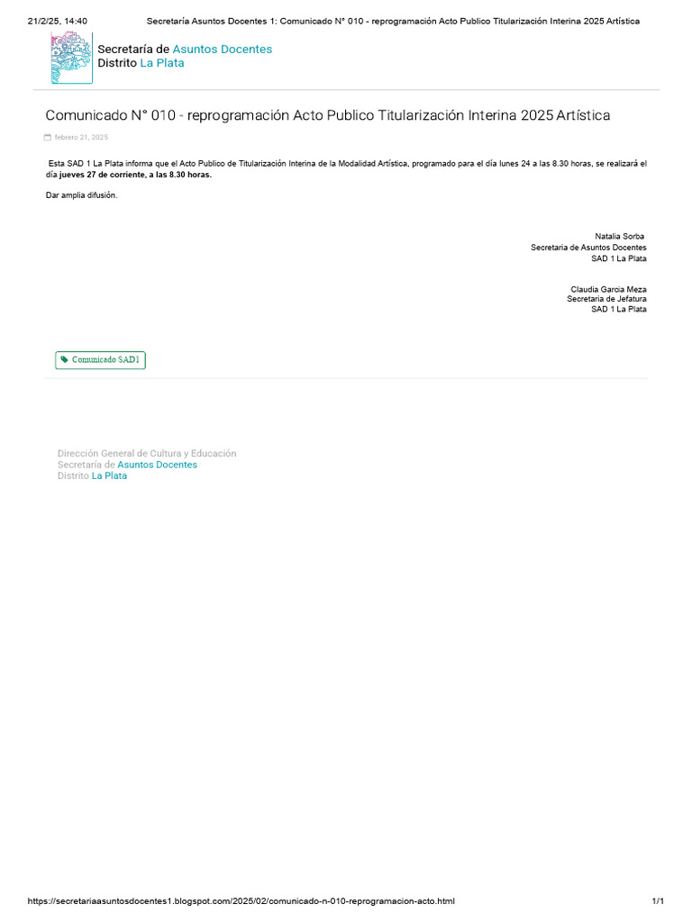 Comunicado N° 010 - reprogramación Acto Publico Titularización Interina 2025 Artística | PDF